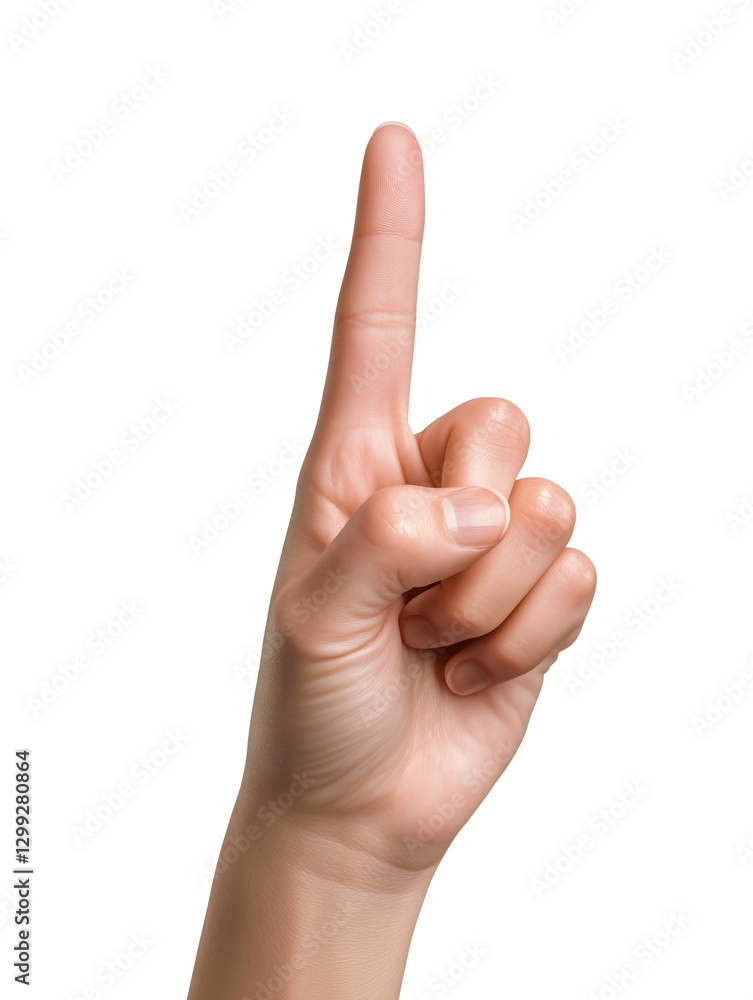 Realistic human hand gesture with index finger pointing up, isolated on a transparent background ...