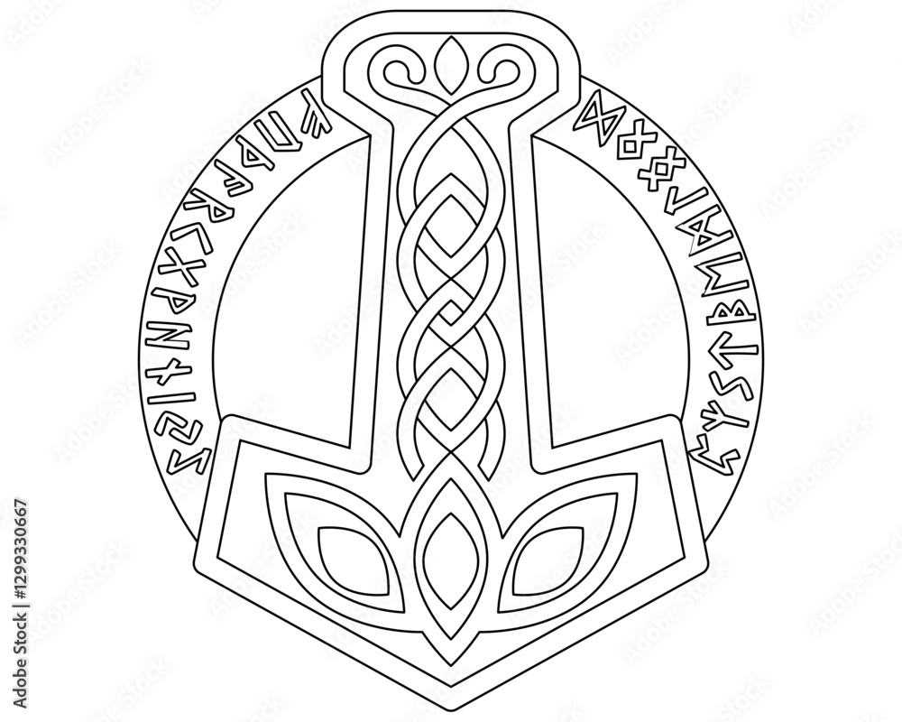 Thor's hammer, Mjolnir and elder futhark runes - vector linear image ...