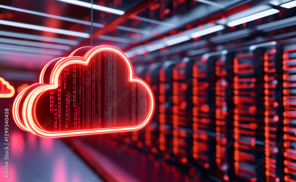 A glowing digital cloud symbol overlaid on a data center with streams ...