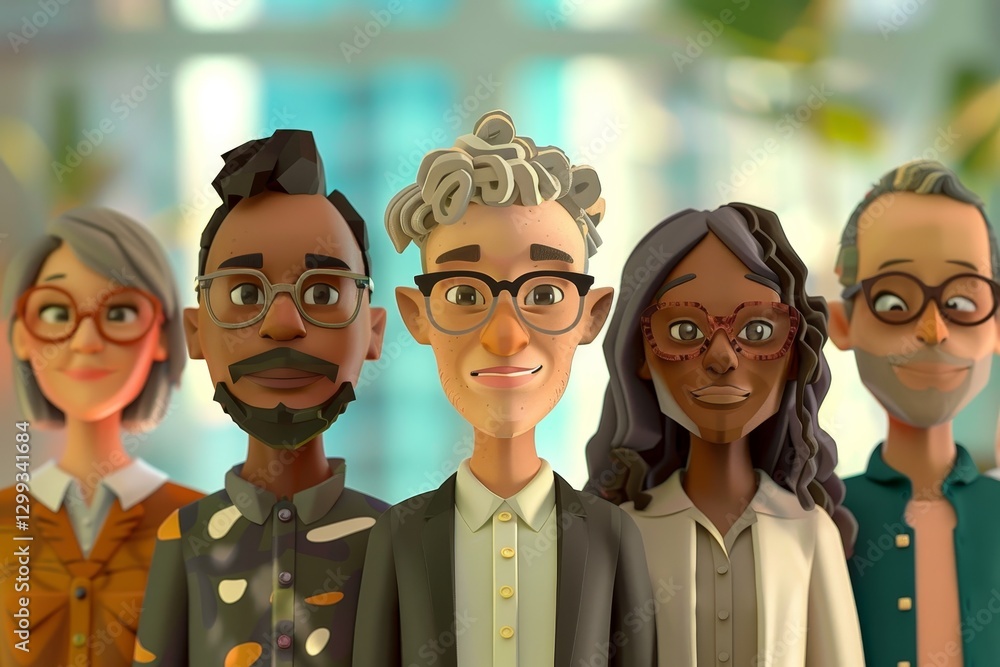 Five animated avatars, each with distinct features and attire, stand ...