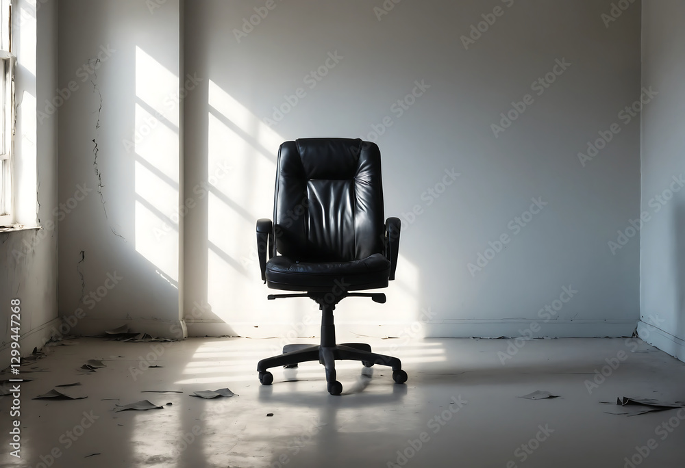 Black swivel chair alone in a dimly lit, vacant office room. Sunlight ...