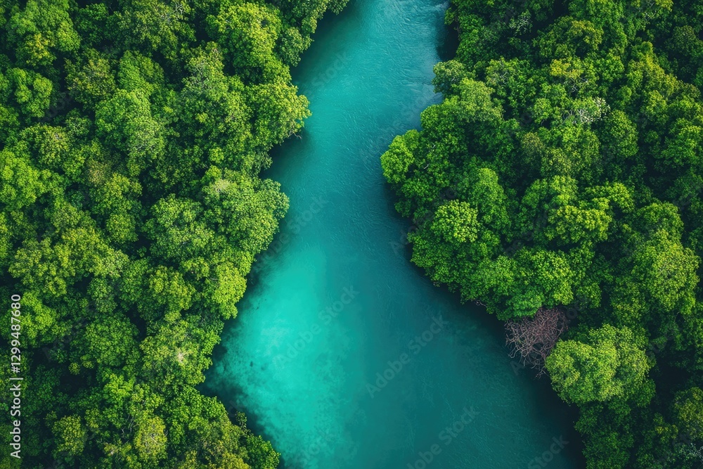 Aerial view of a vibrant turquoise river flowing through lush green ...