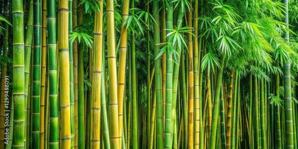 Dense foliage of lush green bamboo shoots and stalks forming a natural ...