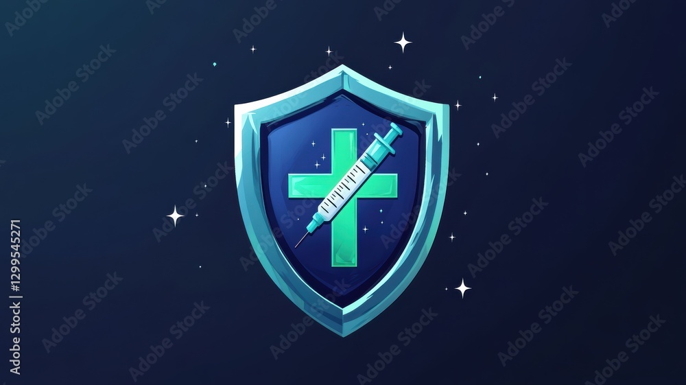 A shield design featuring a syringe shows the importance of vaccination ...