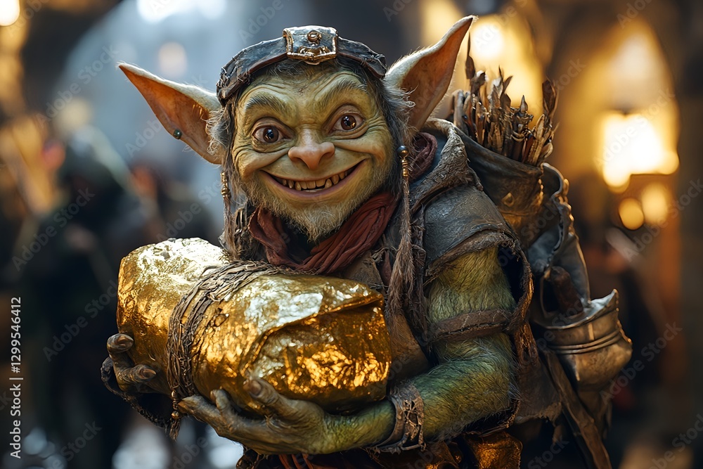 Fantasy image of a golden goblin smiling evilly while holding a golden ...