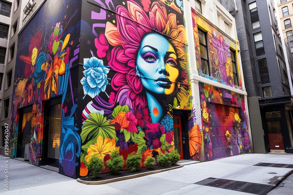 Mural art Colorful woman portrait building corner. Urban street ...