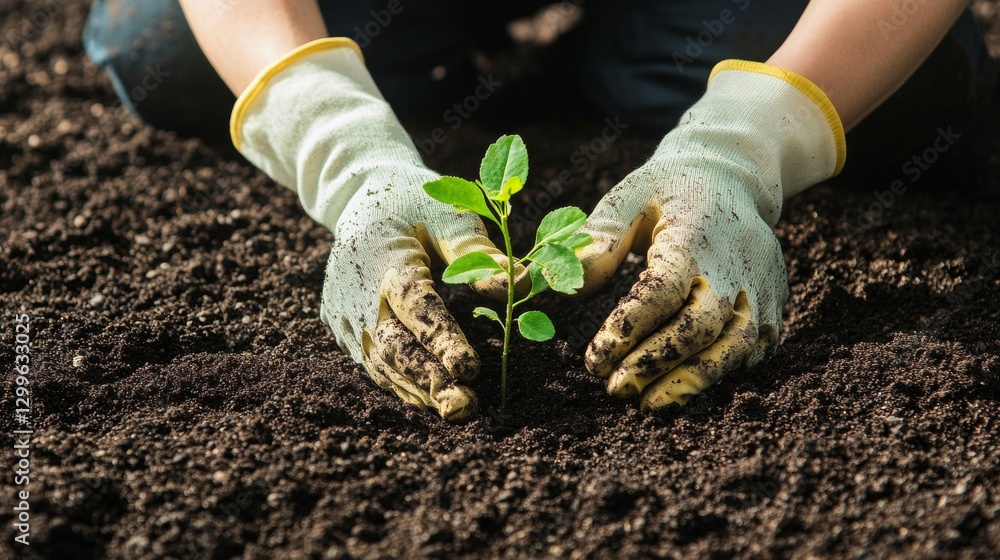 Nurturing Nature: Gardener Planting Young Sapling with Care in Nutrient ...