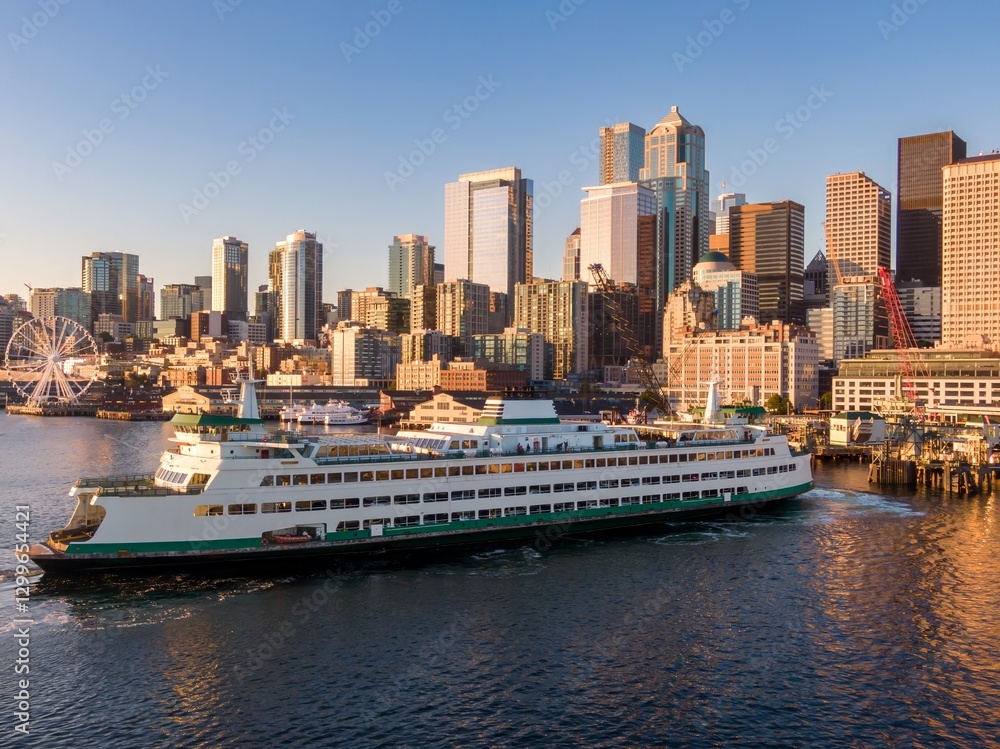 Seattle ferry Wenatchee departing, city skyline backdrop. Beautiful ...