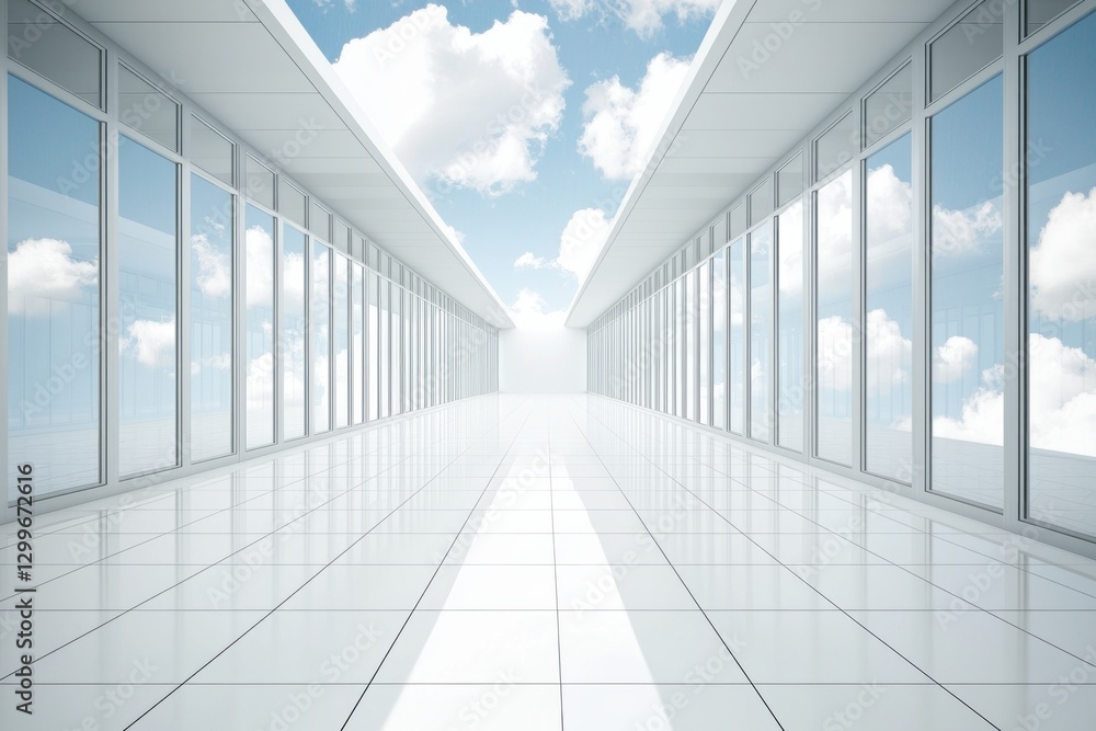 Bright all white modern passageway with clear glass window walls ...