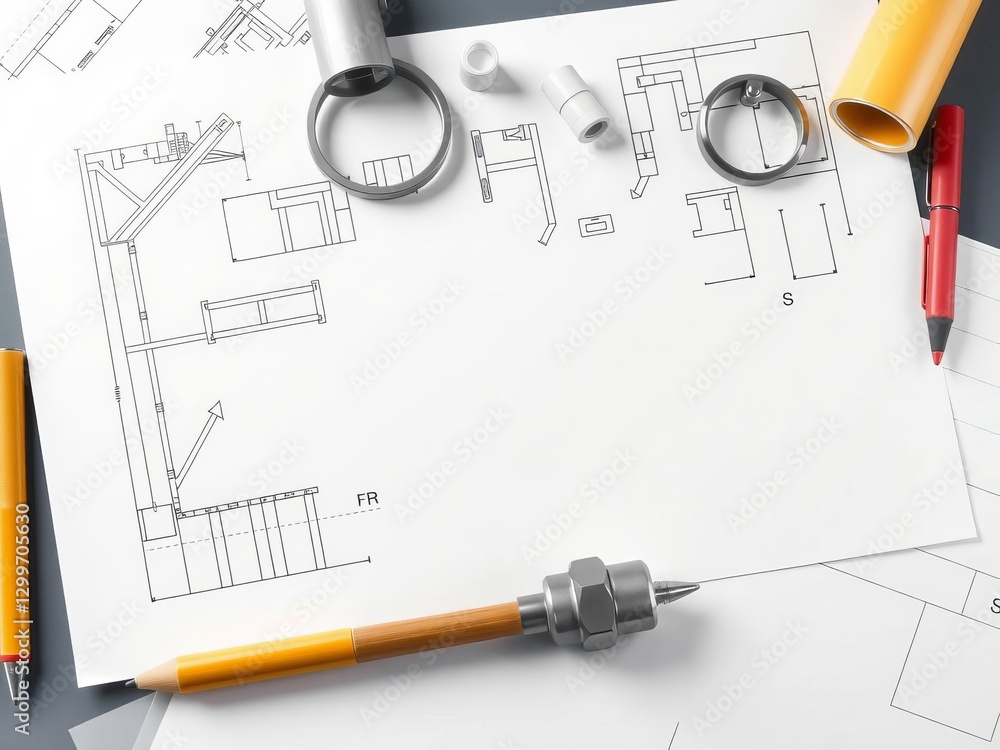 Engineering plan scheme technical drawing on white paper background ...