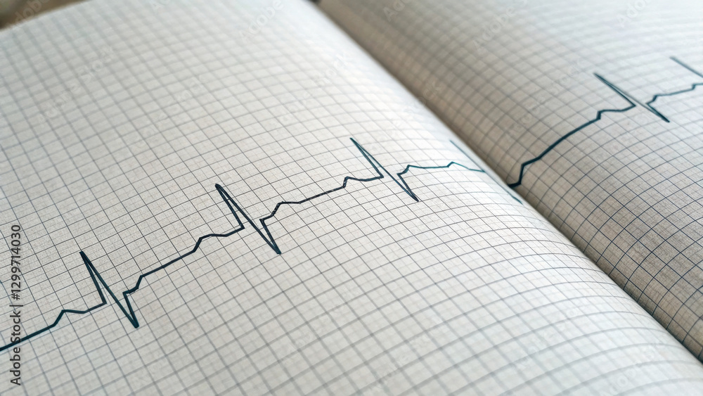 heartbeat rhythm displayed on graph paper, illustrating ECG line. This ...