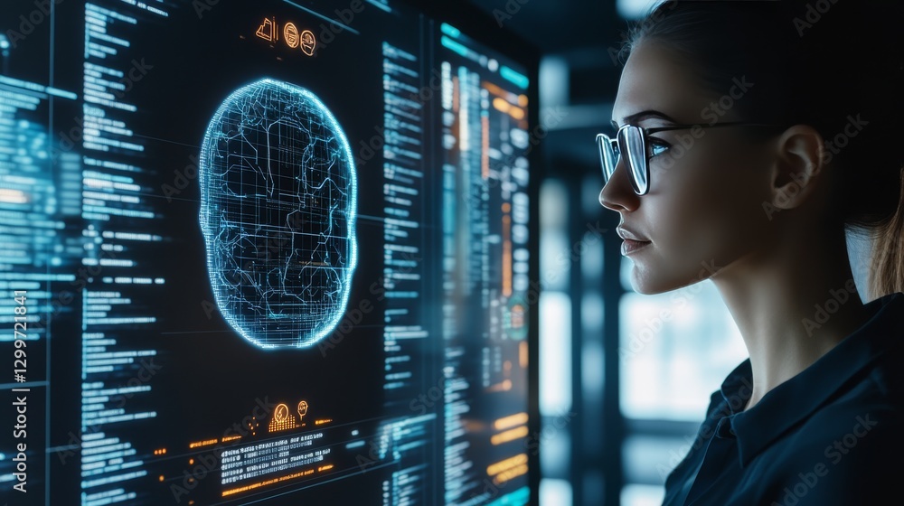 AI Artificial Intelligence. Business woman using AI technology for data analysis, coding ...