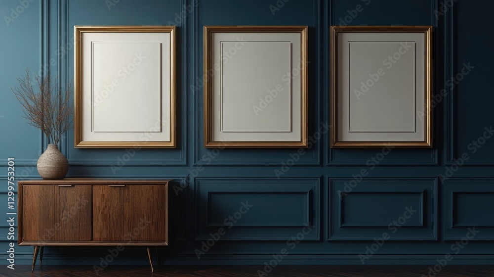 An empty three-frame mockup on the wall of a modern home, frames with a ...