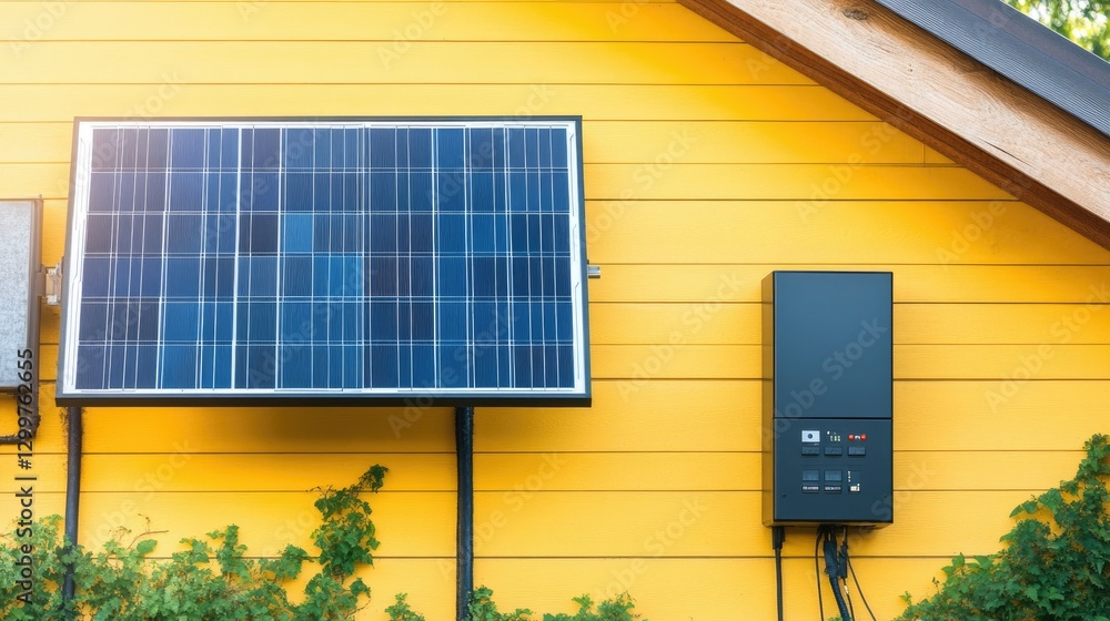 Side of a modern house with a solar inverter and utility meter box ...