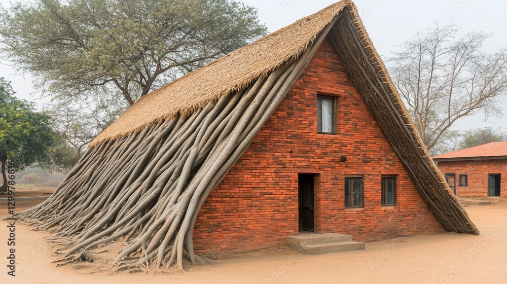 Brick hut, thatched roof, tree roots, African village, school の Stock ...