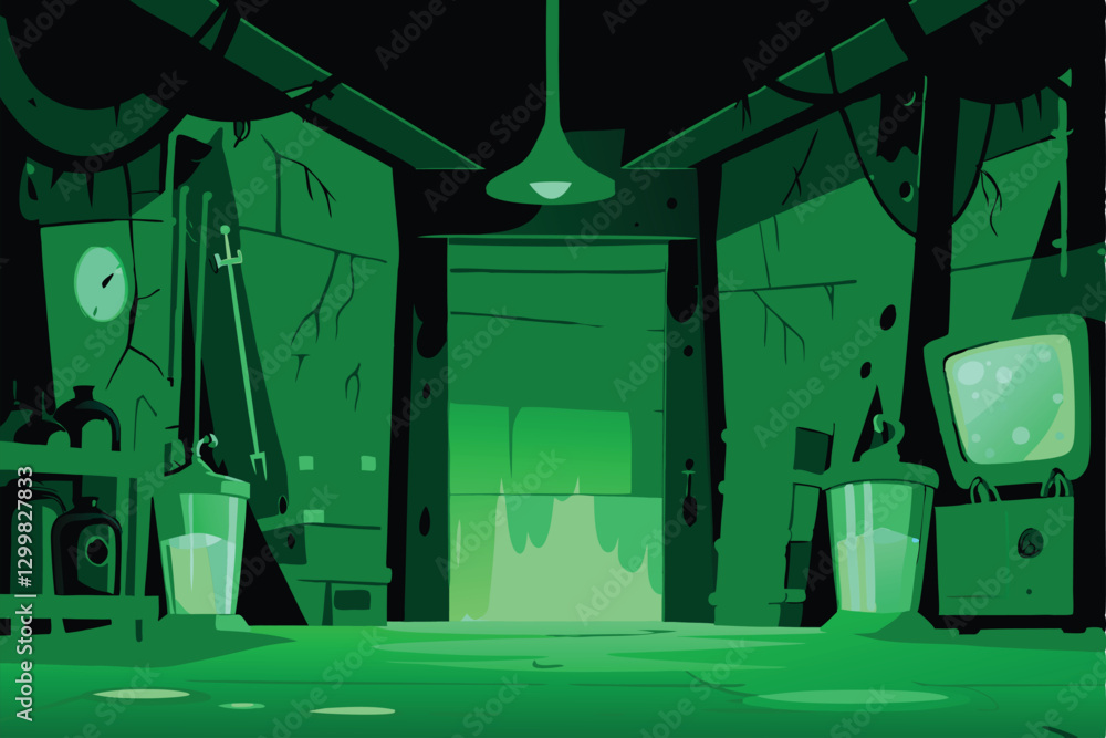 Render a detailed image of an evil scientist's lair, featuring bubbling ...