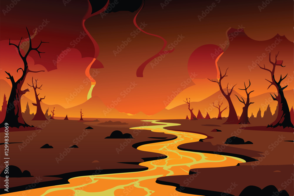 Render a hellish landscape; rivers of fiery lava flow across a cracked, obsidian surface ...