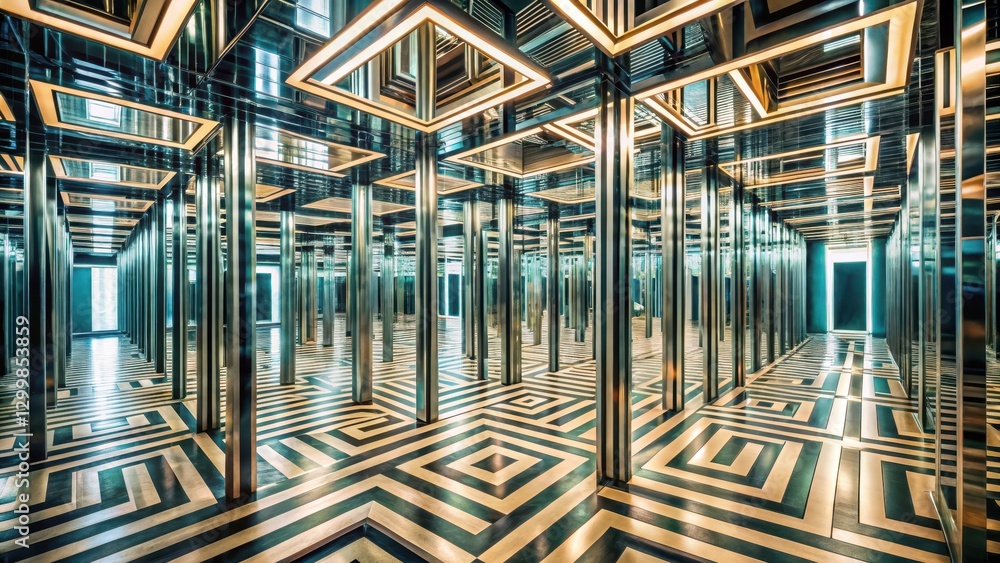 mirror maze illusion art installation, distorted perspective, surreal ...
