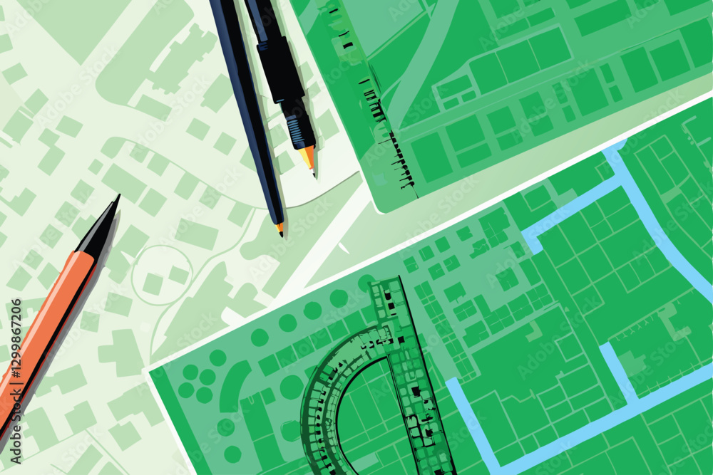 Generate a stylized image showing overlapping urban planning maps ...