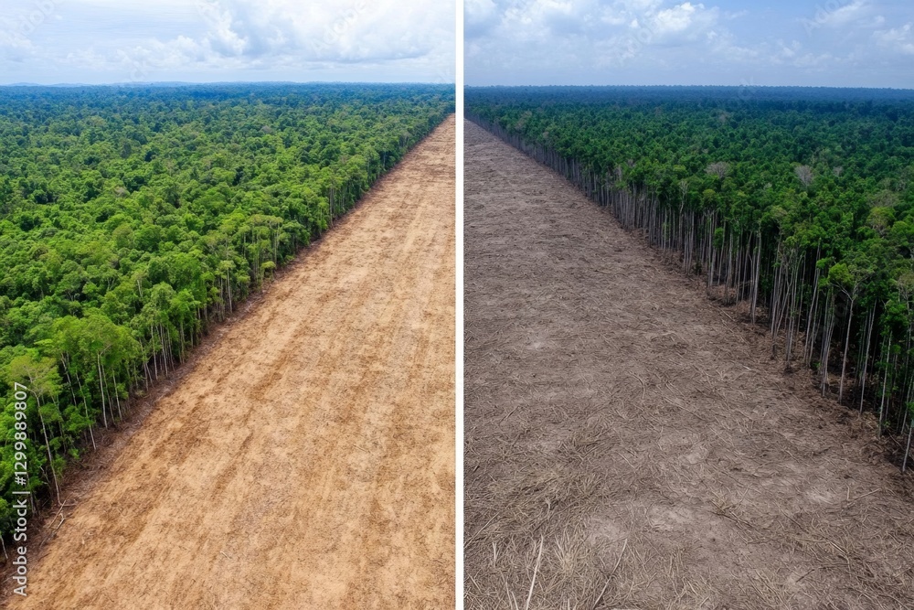 A before-and-after comparison of a lush forest turned into barren land ...