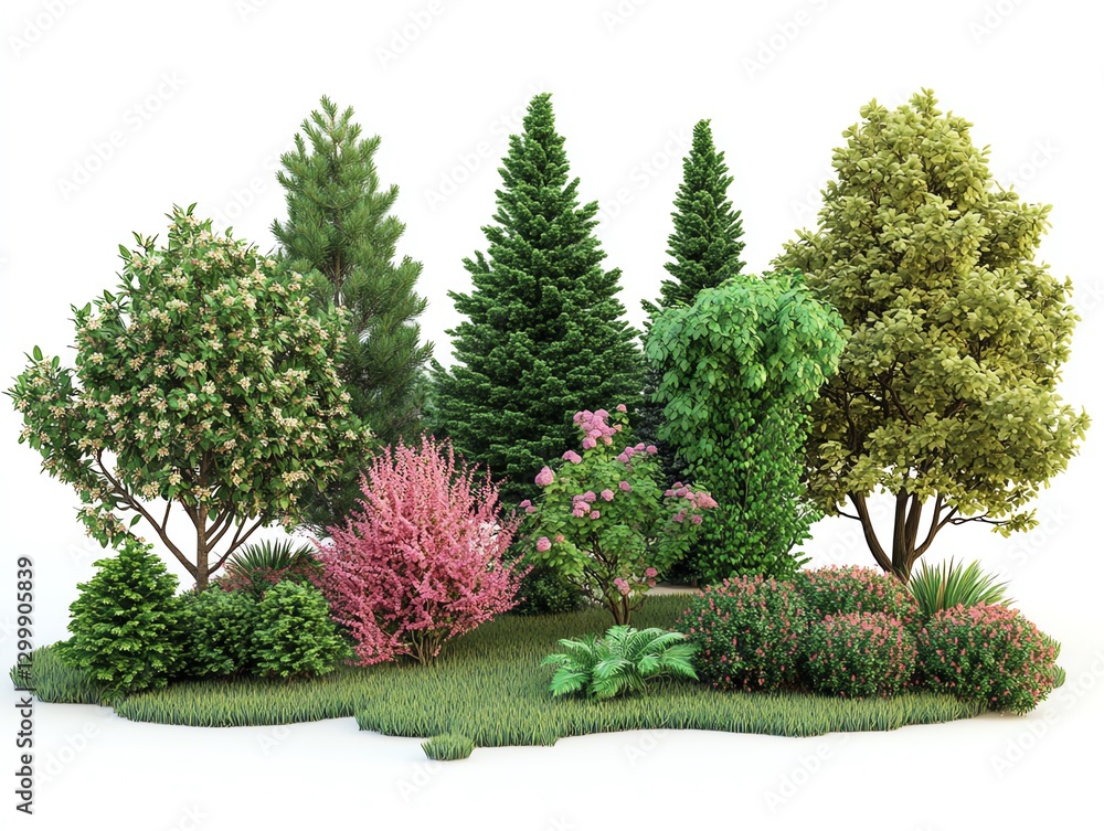 Vibrant assortment of trees and plants, including flowering shrubs and ...
