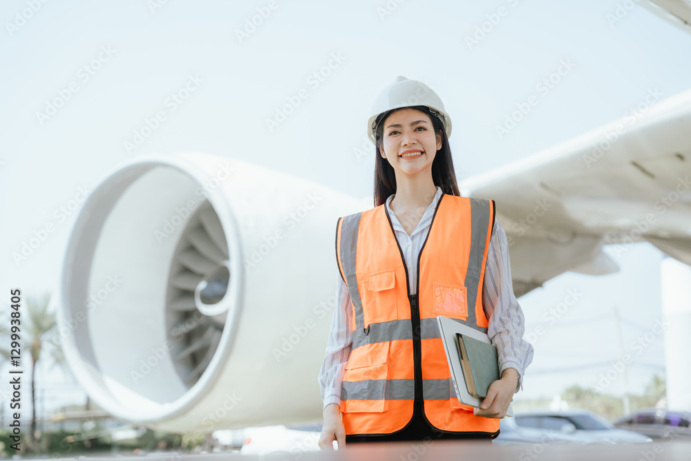 Professional female aerospace engineer wearing hard hat inspects ...
