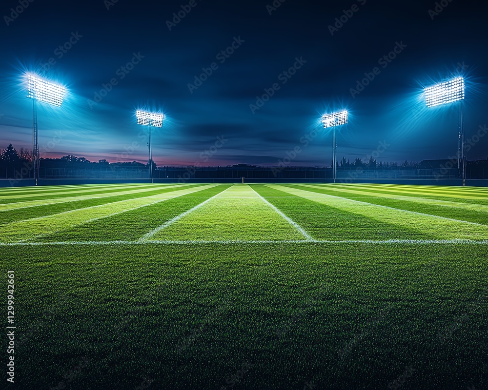 Empty football stadium field with powerful overhead lights, illuminated ...