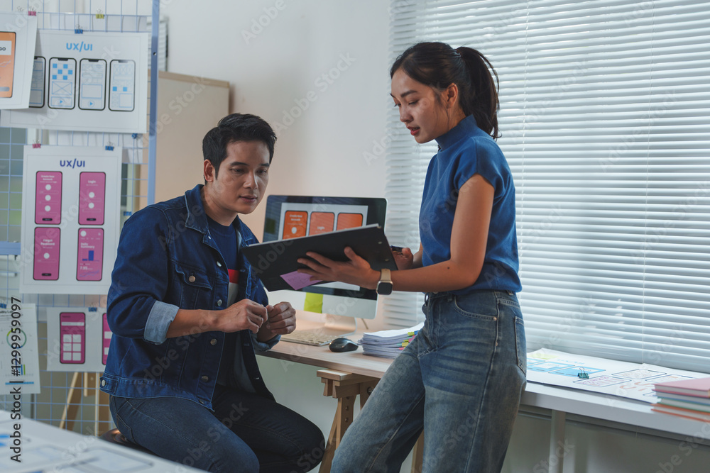 Two Asian Ux Ui Designers Collaborating In An Office Discussing Mobile App Interface Design