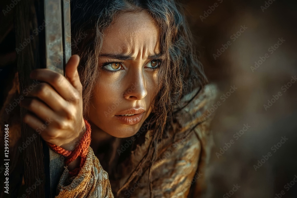 Rahab place a red cord out of her window, Bible story. Stock Photo ...