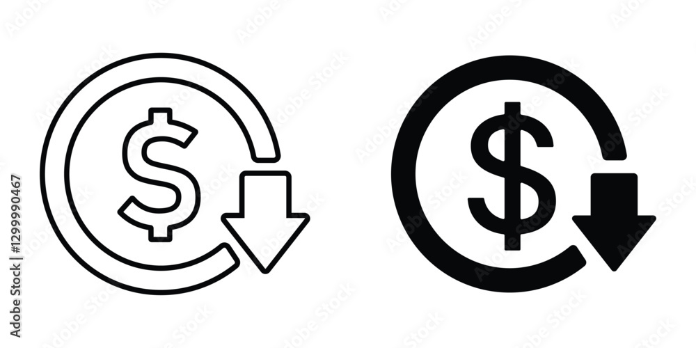 cost reduction icon vector. dollar decrease sign. profit decrease symbol. cost saving sign ...