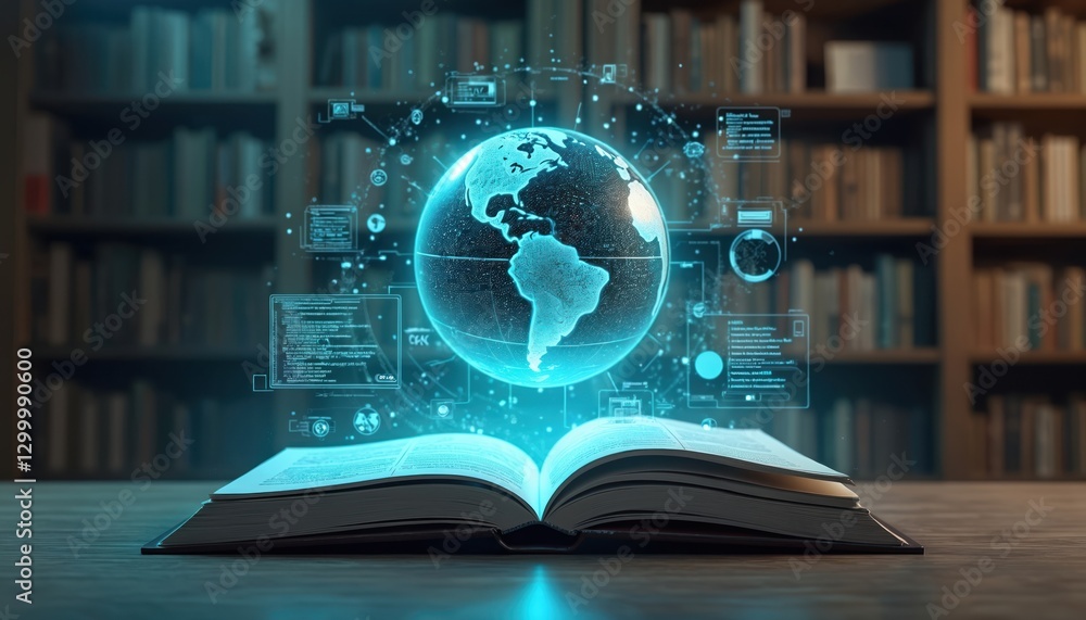 Digital book opens with AI code, interactive elements, Earth globe. AI transforms traditional ...