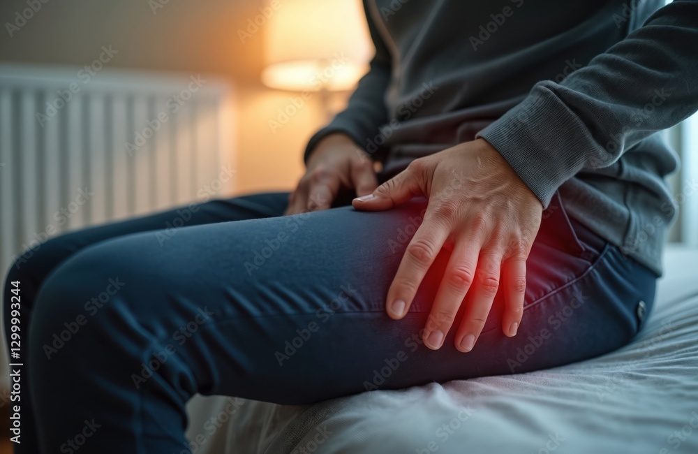 Asian male patient feels thigh pain sitting on bed at home. Concept of ...