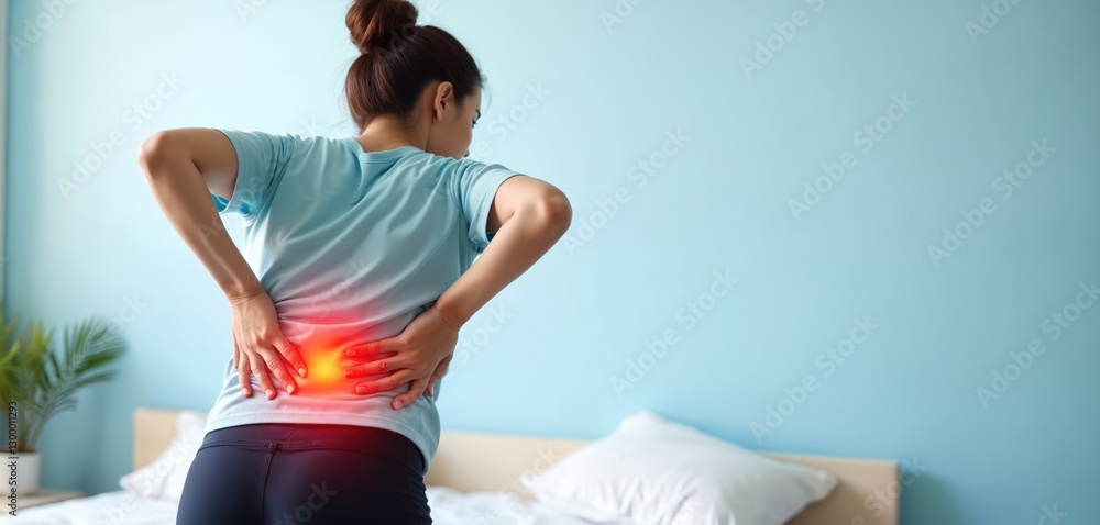 Young woman holds lower back in pain, ache. Lumbar spine injury or ...