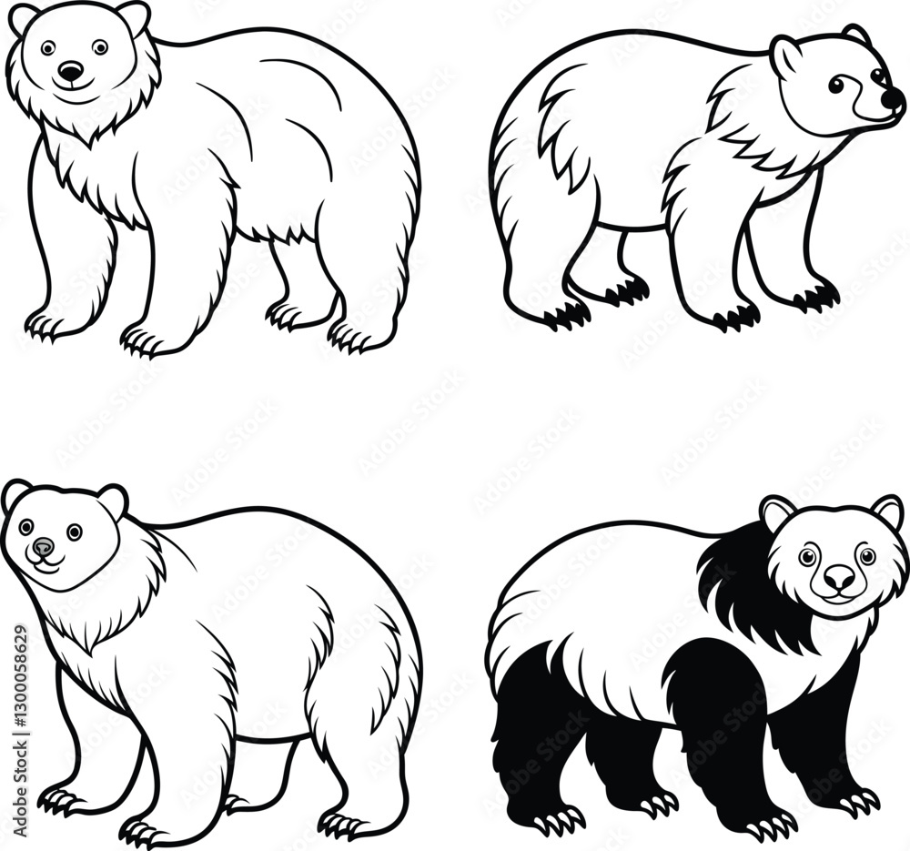 Bear Line Art with Various Expressions – Cartoon Wildlife Illustration ...