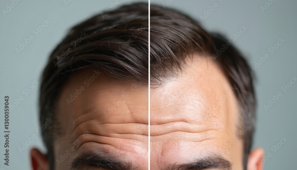 Hair loss treatment before after concept. Man forehead with wrinkles ...