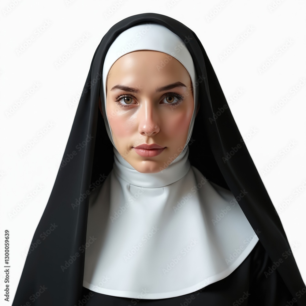 Nun portrait. Caucasian woman wears black nun habit with white face ...