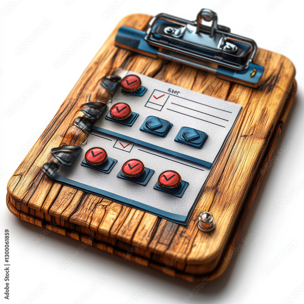 wooden clipboard with checklist featuring red and blue checkmarks ...