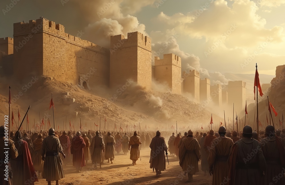 March of Israelites to Jericho walls in middle east desert. Ancient ...