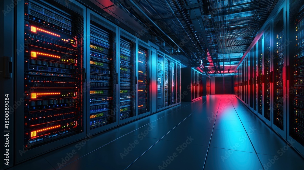Data center filled with servers under blue and red light providing scalable computing power ...