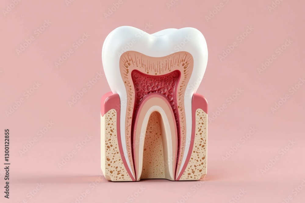 Cross-section of a molar tooth, detailed 3D medical illustration. Focus ...