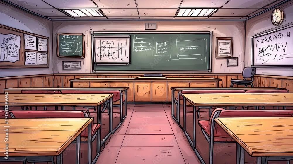 Empty classroom, desks arranged, lesson plans on board, background ...