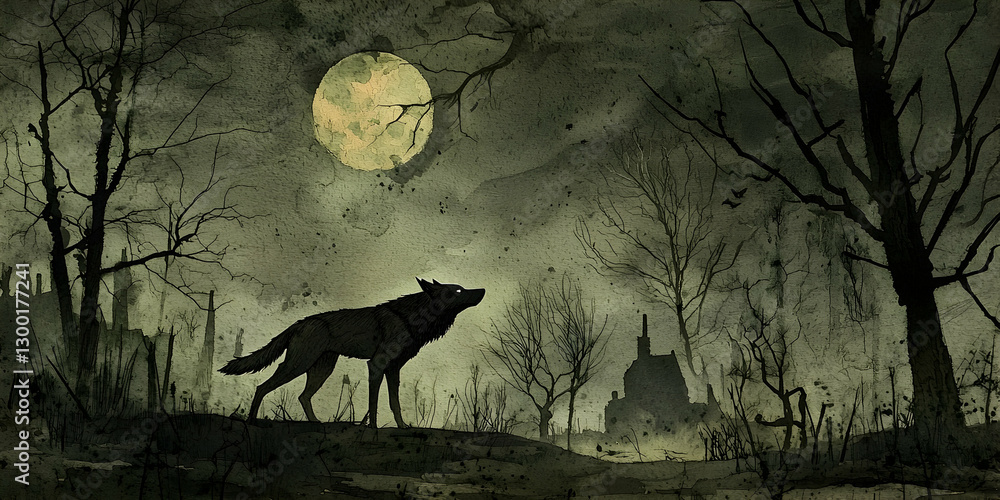 Lone wolf howling at moonlit village, gothic landscape, dark fantasy ...