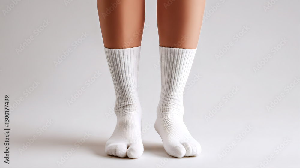 Mockup of plain white cotton socks worn by model's feet, white ...