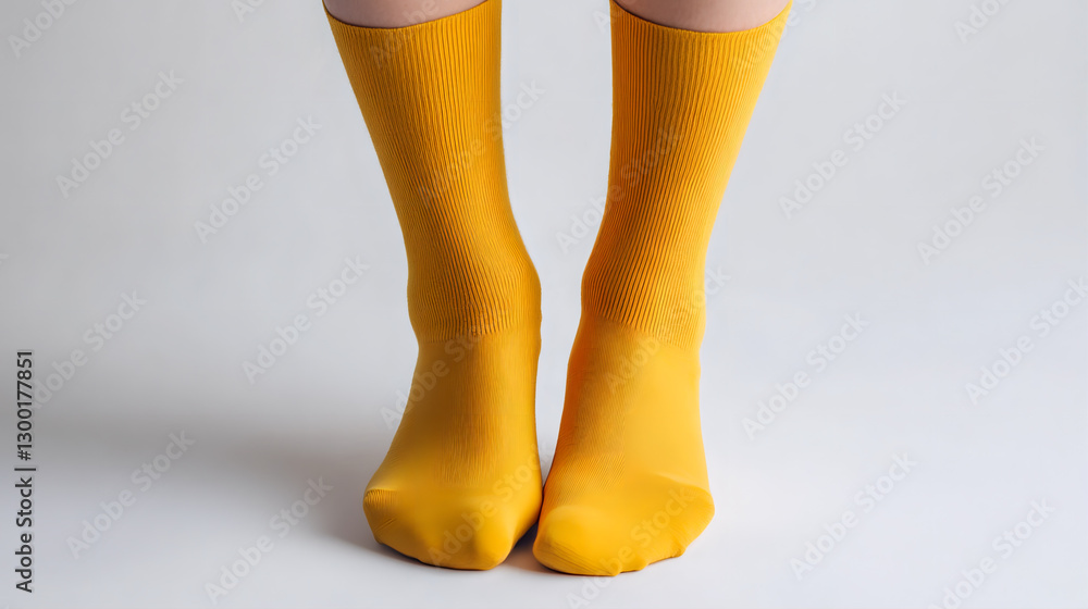 Mockup of plain yellow cotton socks worn by model's feet, white ...