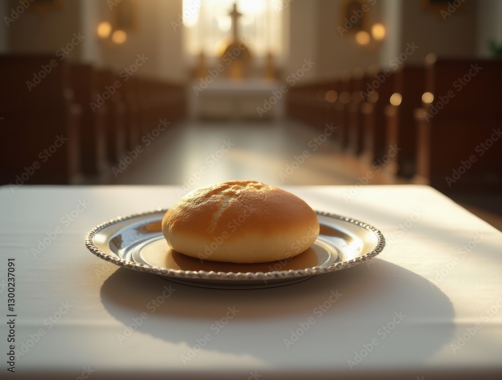 Holy Communion bread resting on a silver plate atop a white altar cloth ...