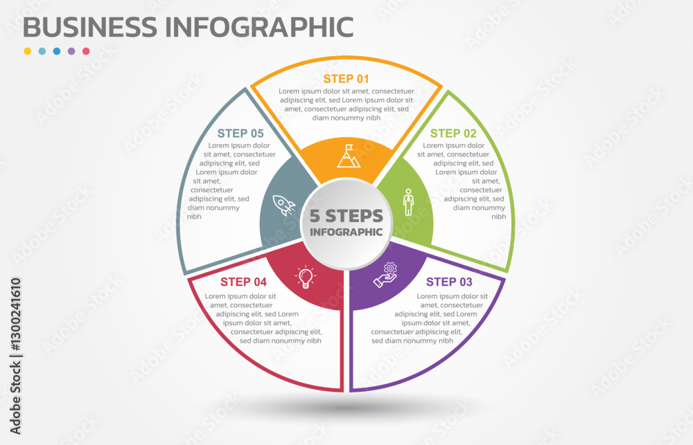 Visual data presentation. Cycle diagram with 5 options. Pie Chart ...