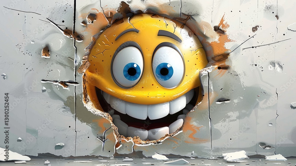 Smiling yellow emoji face breaking through a wall. Digital art for fun ...