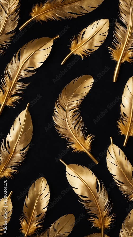 Golden feathers on black background. Shiny gold feathers are scattered ...