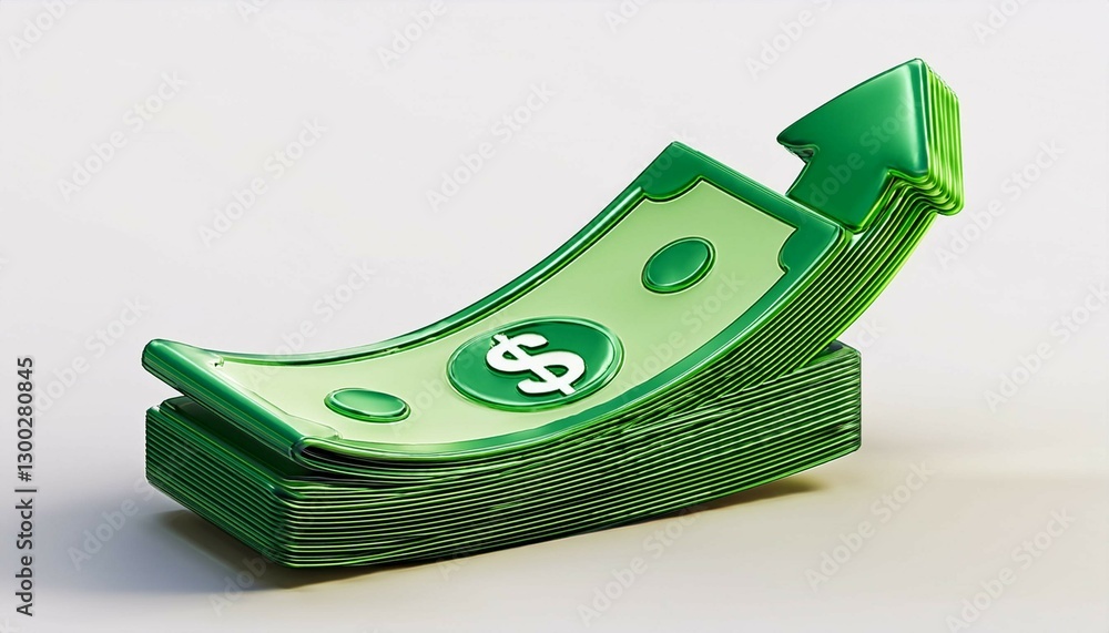3D money growth icon. Minimal banknote paper zoom with green arrow ...