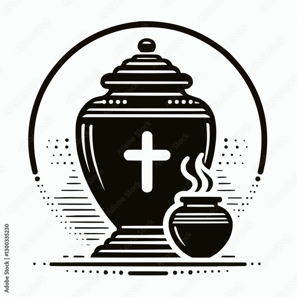 Funeral urn with cross symbol and small pot in black and white graphic ...